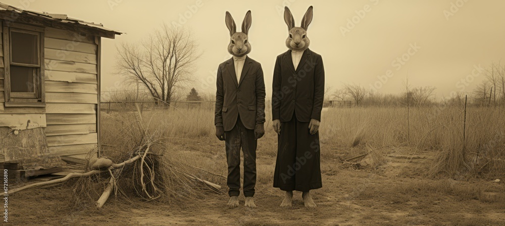 Portrait of two person with rabbit head. Vintage old photo effect ...