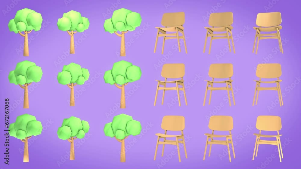 Vidéo Stock Animation of the 3d chair and a tree moving on the purple ...