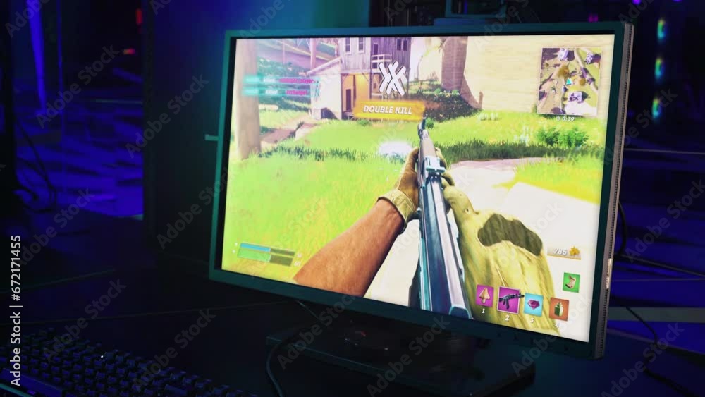 PC Monitor Shows Player Scoring Victory In Fake Game. Slaying Enemies ...