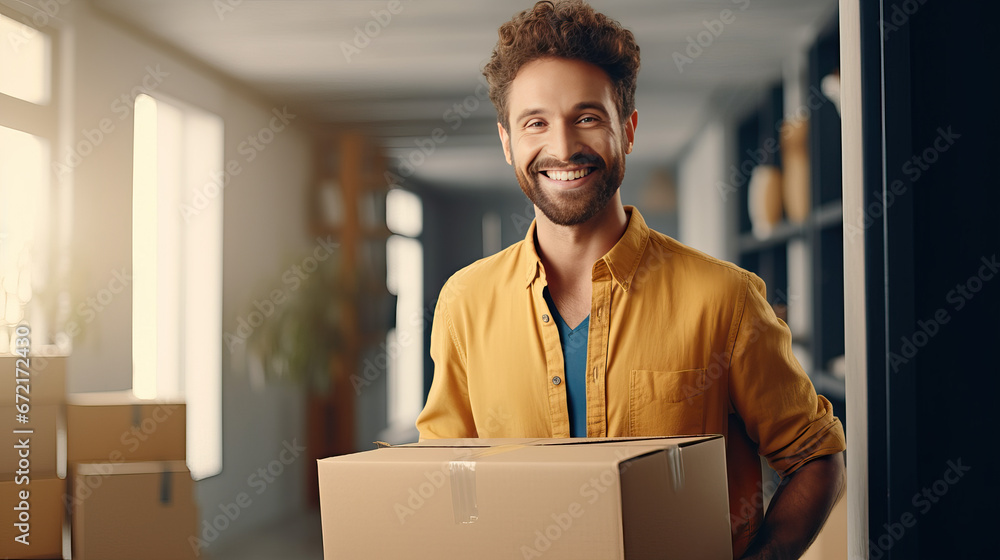 Man carryies carton box in empty house, moving in new apartment, male ...
