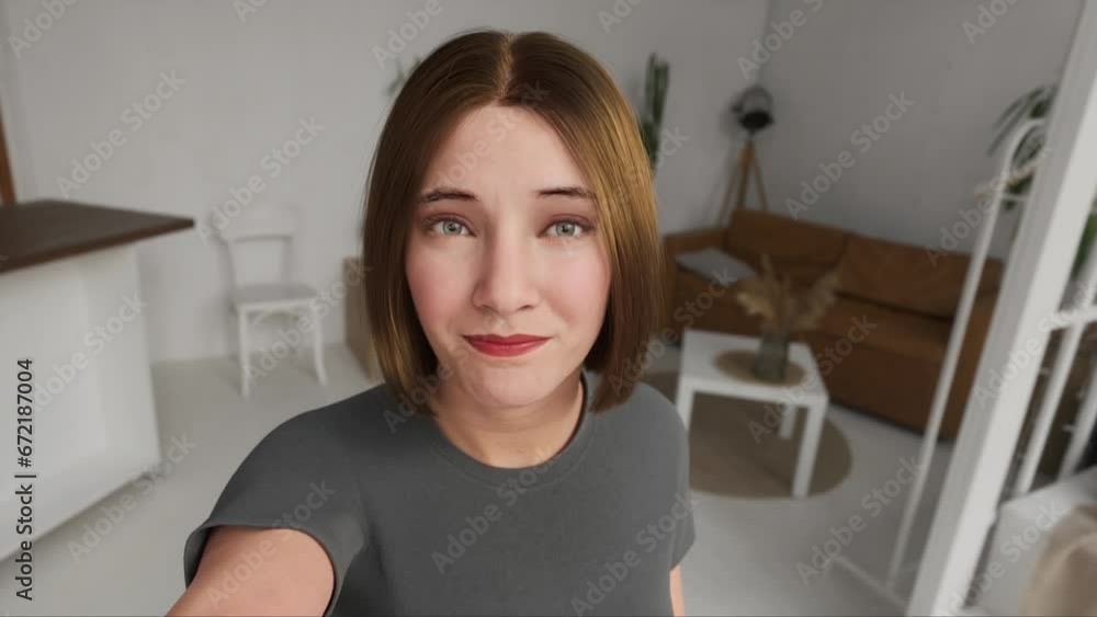 Virtual AI influencer blogger posing on camera. Metaverse female avatar ...