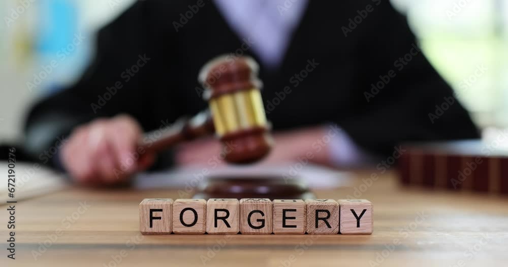 Word Forgery made of wooden letter blocks on court table. Female judge ...