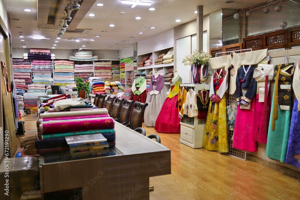 JEONJU, SOUTH KOREA - APRIL 4, 2023: Local bedding and hanbok costume shop at Nambu Market in ...