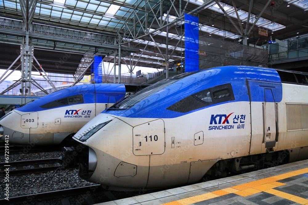 SEOUL, SOUTH KOREA - APRIL 5, 2023: KTX Sancheon high speed trains at Seoul Station. Korail KTX ...