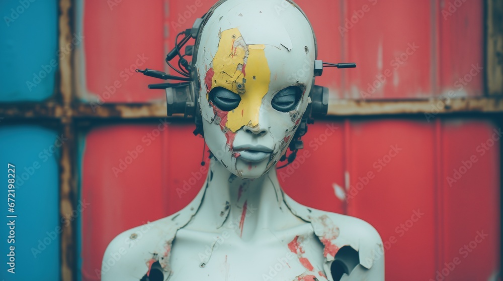 Cyberpunk slum junkyard cyber female robot, imperfect and expired scrap ...