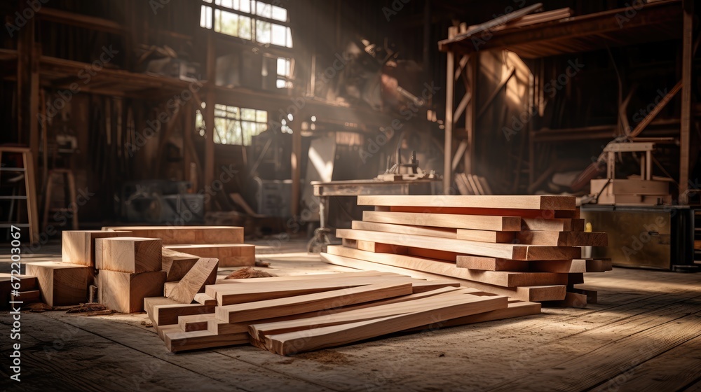 Woodworking Supplies: An industrial scene with natural rough wooden ...