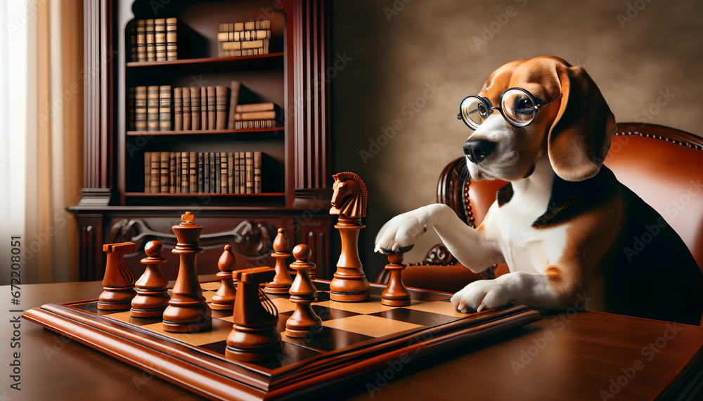 AI generated photo of a Beagle dog wearing circular glasses, seated on ...