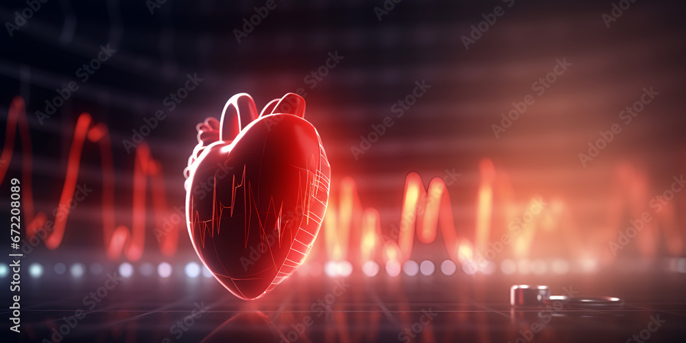 Red Heart with ECG graph line in background 3d rendering. Red Glow ...