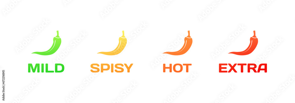 Mild, spicy, hot, extra icons. Flat, color, pepper icons, mild, spicy ...