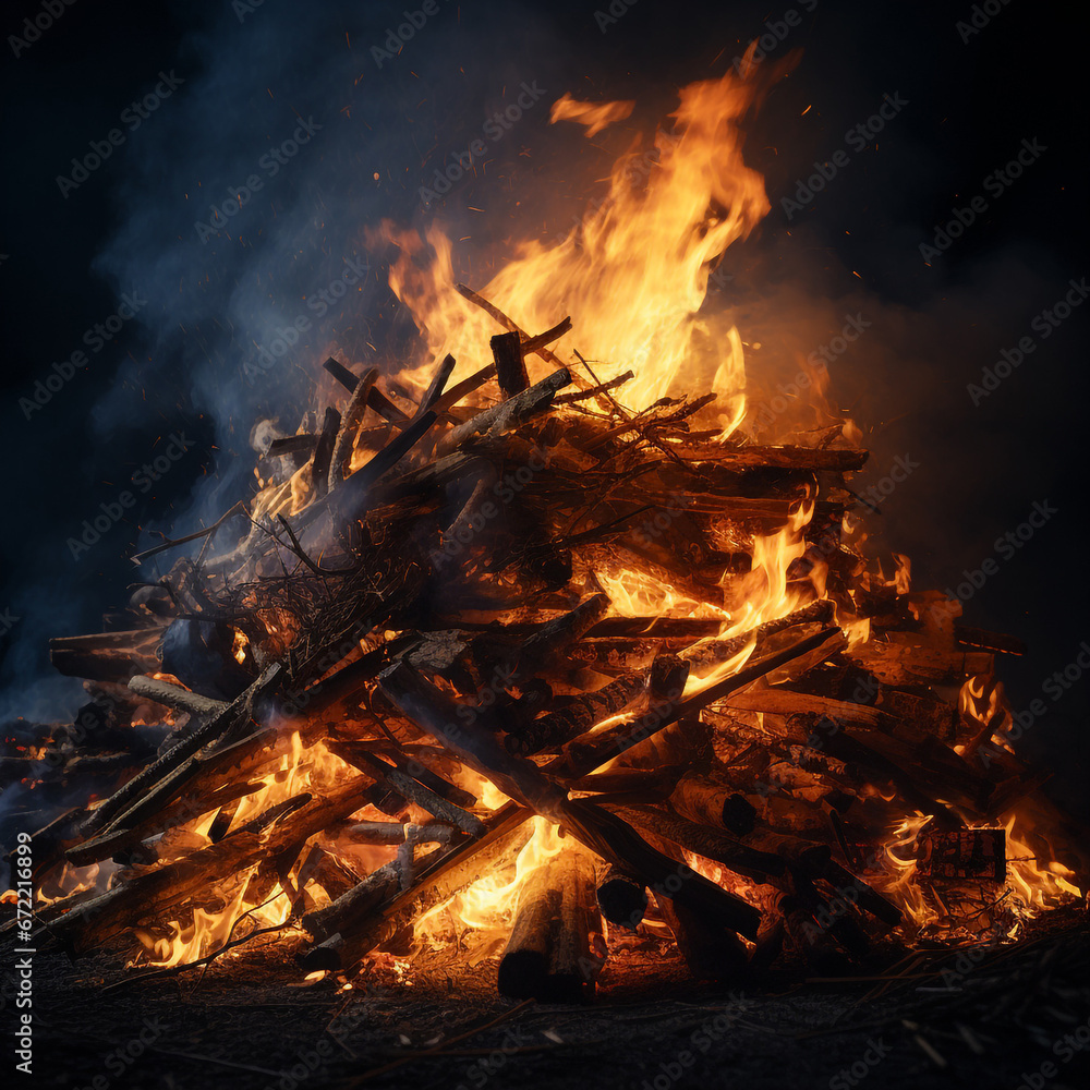 Night bonfire made of sticks and wood, very low camera angle, dynamic ...