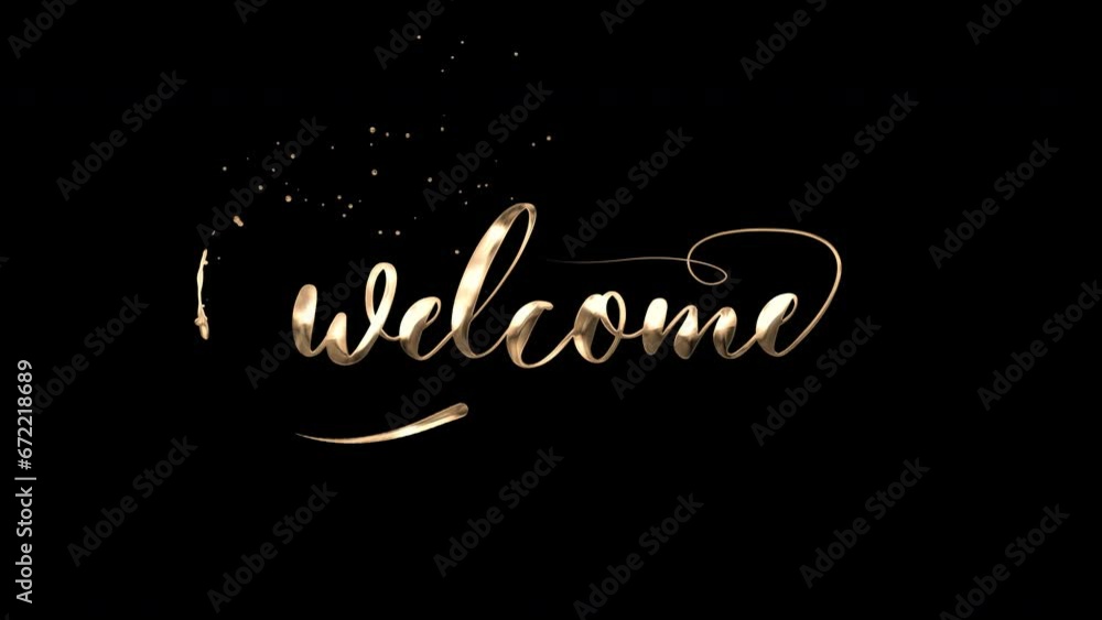 Welcome greeting text reveal from animated gold handwriting on black ...