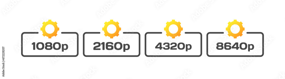 Resolution settings. Flat, gray, gear icons, 1080p, 2160p, 4320p, 8640p ...