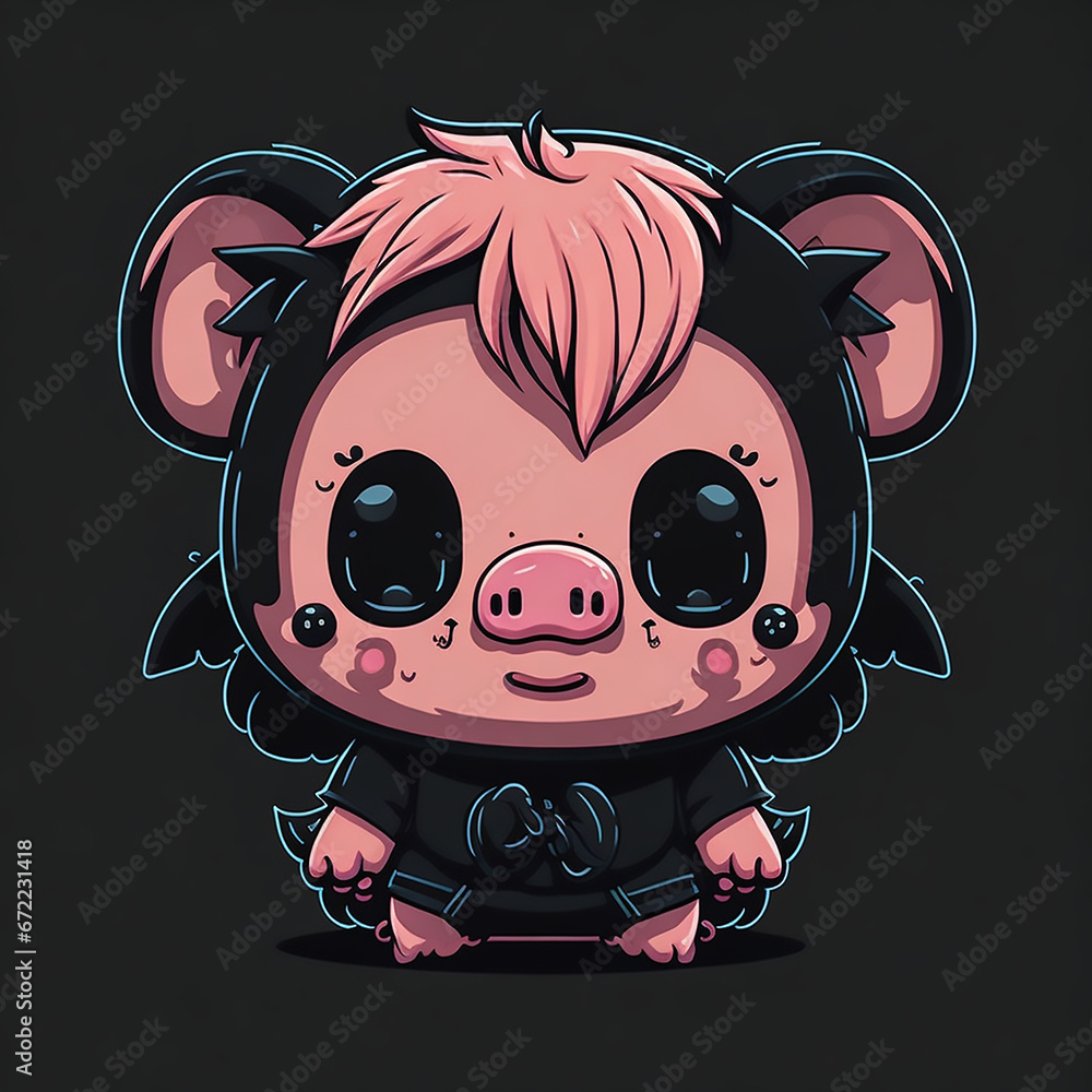 Cute vector kawaii anime pig emo skull sad on black background Stock ...