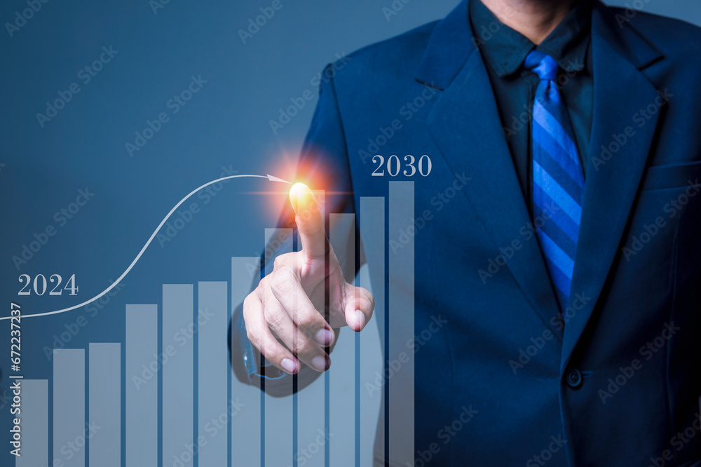 Growth 2024 concept. Businessman's hand planning growth and increasing ...