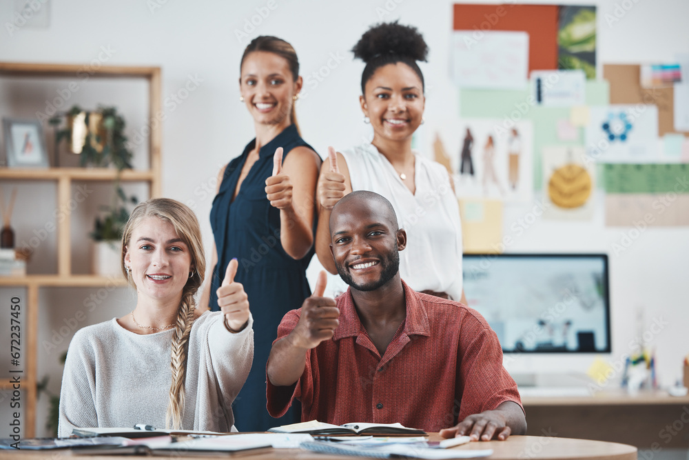 Thumbs up, business people success and portrait in modern office for teamwork celebration ...