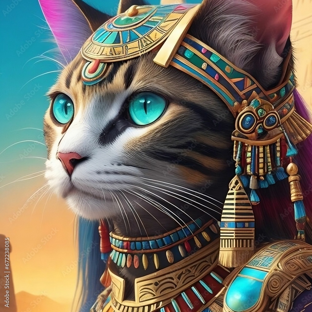 AI generated illustration of a tabby cat wearing an ancient golden ...