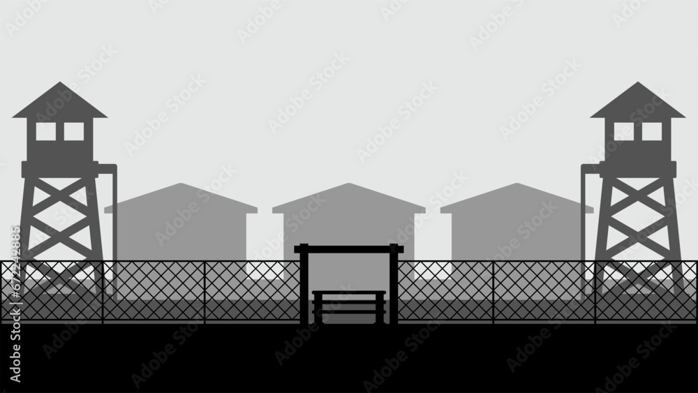 Military base landscape vector illustration. Silhouette of military ...