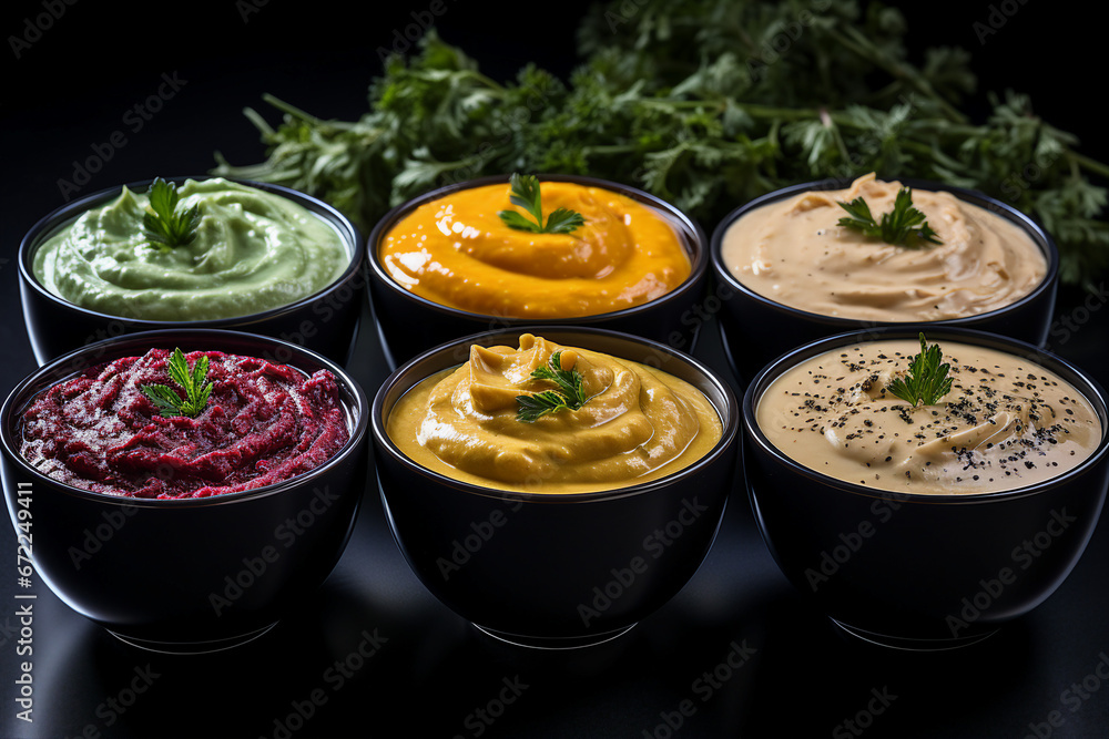 Generative AI image ceramic saucers of various sauces ketchup ...