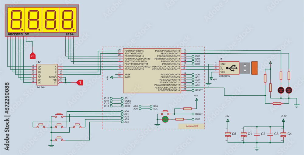 Connection of peripheral devices (keyboard, lcd display, usb) to the arduino. Vector electrical ...