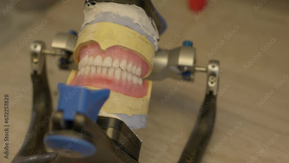 Fake teeth model made at the modern stomatology clinic. Close up of ...
