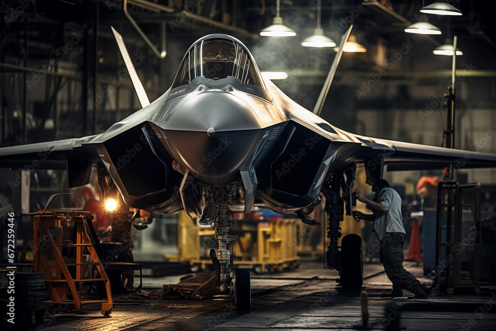 Aviation engineer performing maintenance on a modern jet fighter inside ...