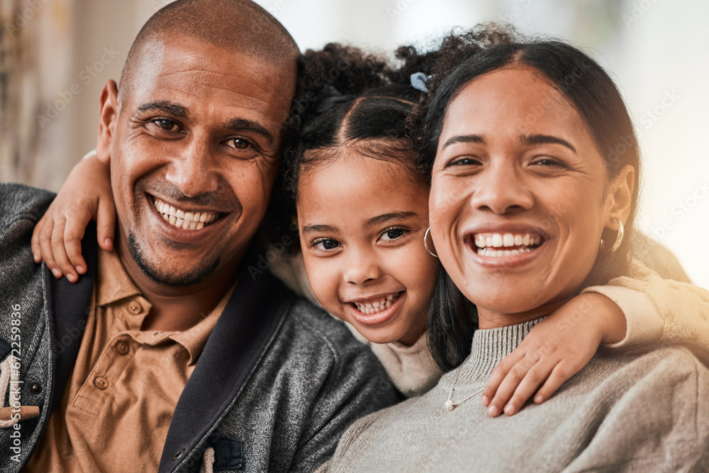 Happy, hug and portrait of a child with her parents in the living room ...