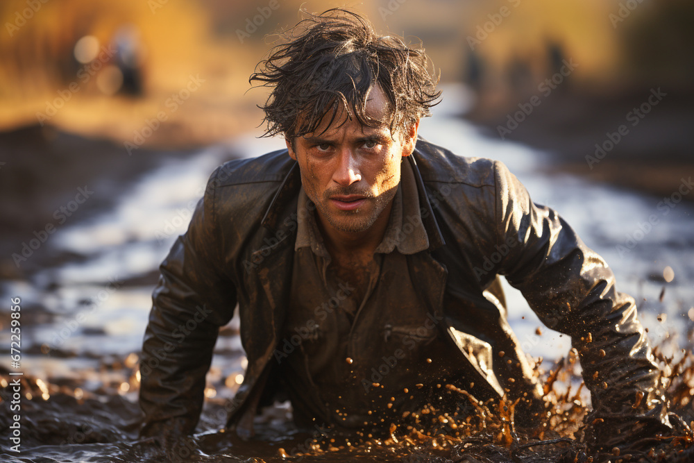 Man stumbling and falling into a puddle, clothes dirty with mud ...