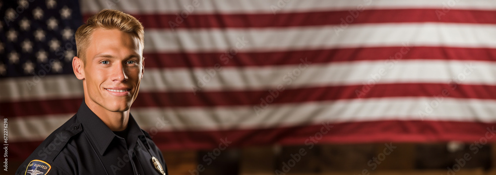 Proud young american policeman, background is USA flag. Police officer ...