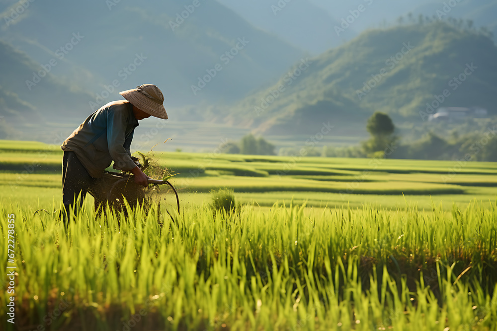 Workers working on a rice field, rice farming rice fields, rice farm ...