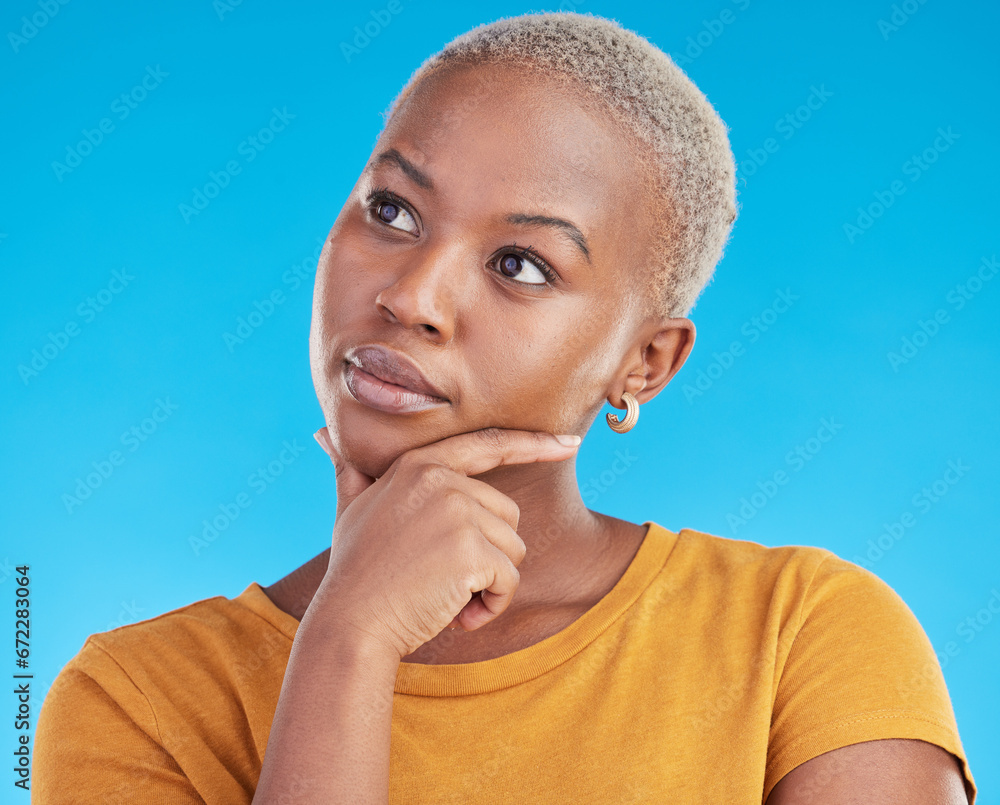 Thinking, solution and black woman with doubt, decision and planning on ...