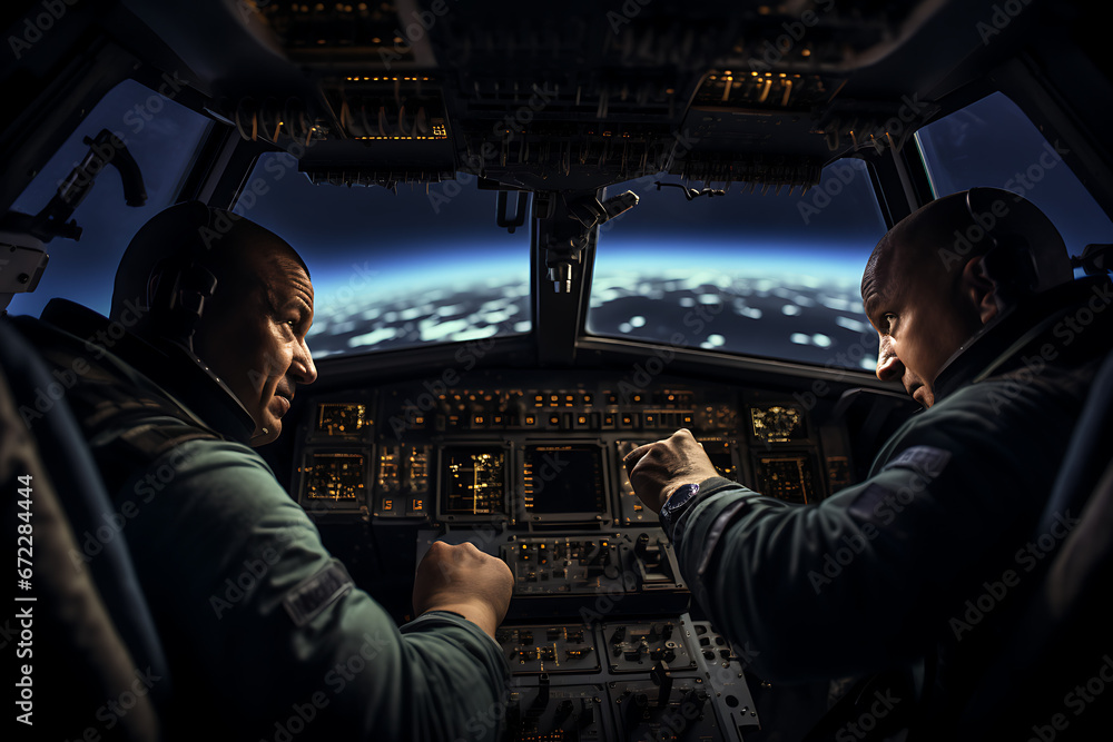 two men flying a spacecraft,space exploration, space craft, flying into ...