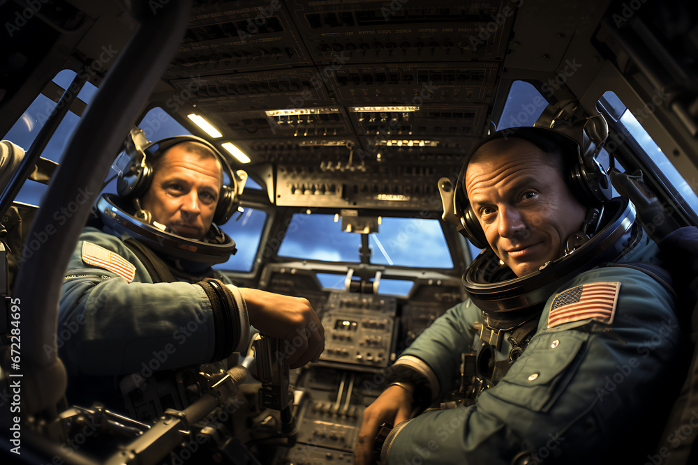 two men flying a spacecraft,space exploration, space craft, flying into ...