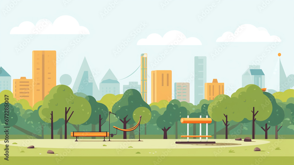 Illustration of a beautiful public park with a simple and minimalist ...