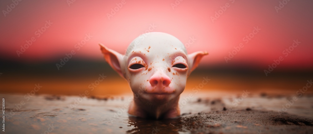 Bizarre pink silicone pig toy in dripping wet and submerged in mud pool ...