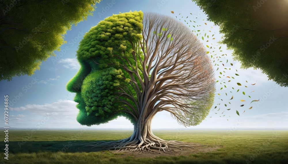 A poignant depiction of a human face transitioning from a lush, green ...