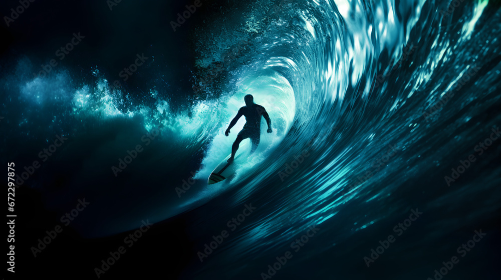 Brave surfer riding inside the barrel of a breaking wave, epic ...