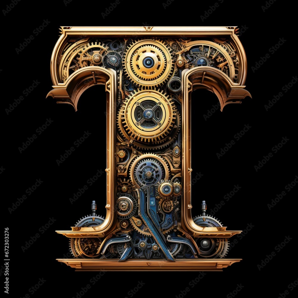 Metal letter T consisting of pipes and gears on a solid black ...