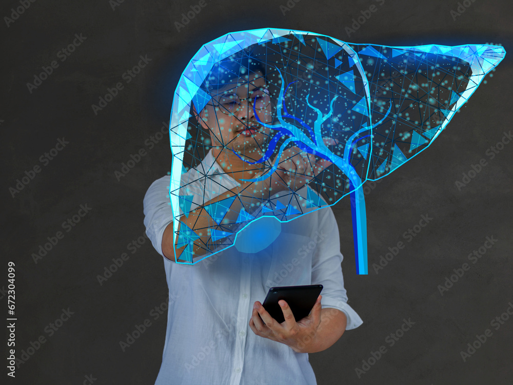 The doctor look the liver hologram, Doctor shows a patient's liver ...