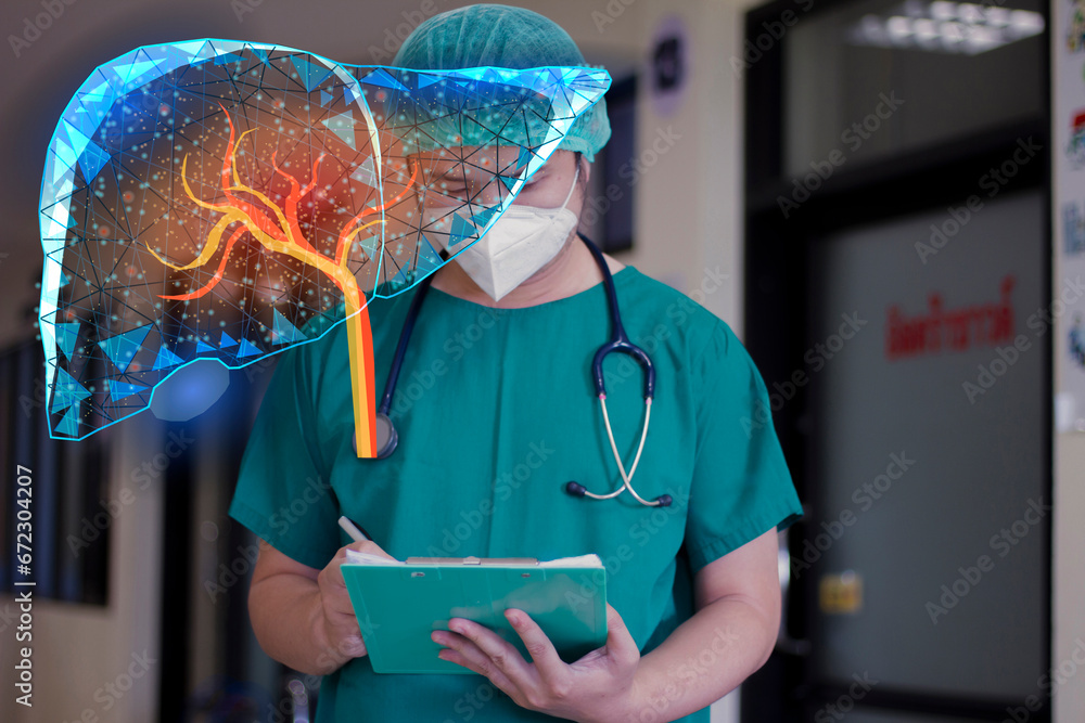 The doctor look the liver injury hologram, Doctor shows a patient's ...