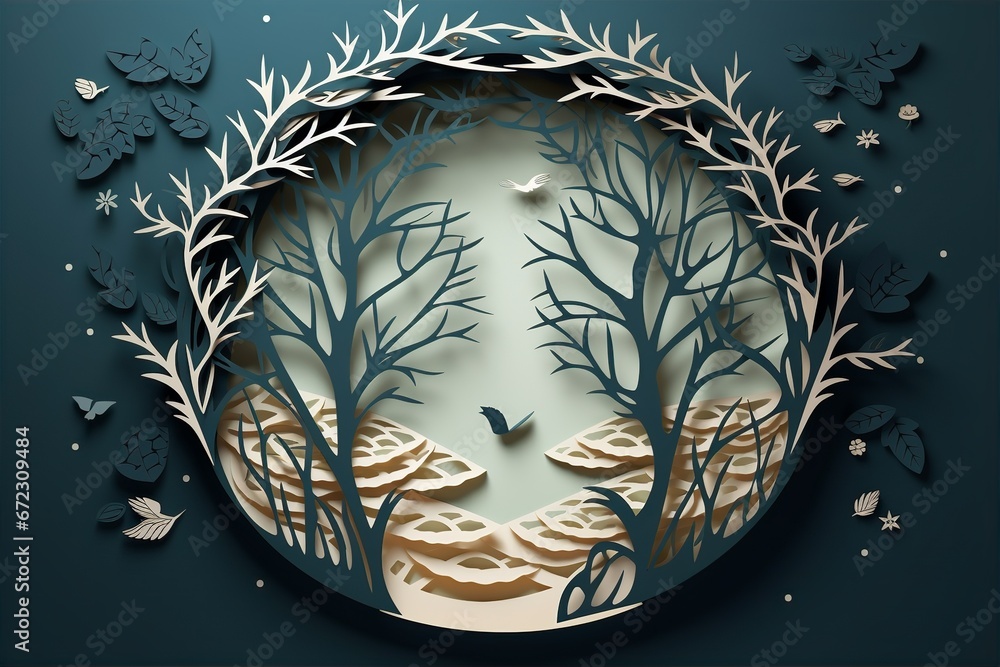 paper cutting art style of bird on tree in organic frame, nested shape ...