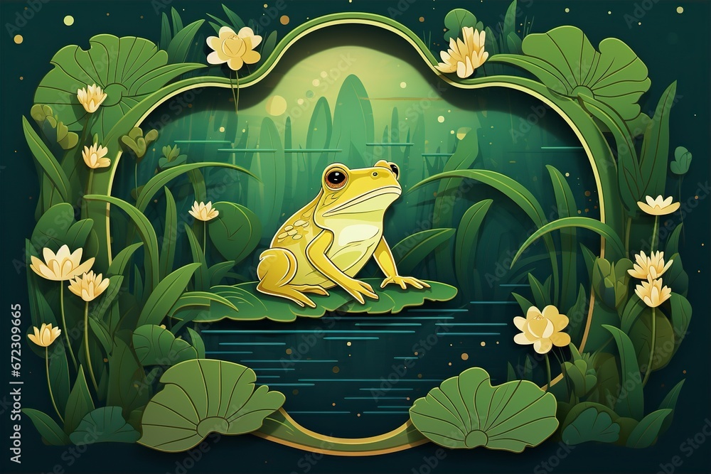 paper cutting art style of frog in pond in organic frame, nested shape ...