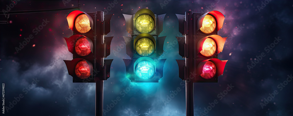 traffic lights on in dark night city. semaphore banner Stock Photo ...