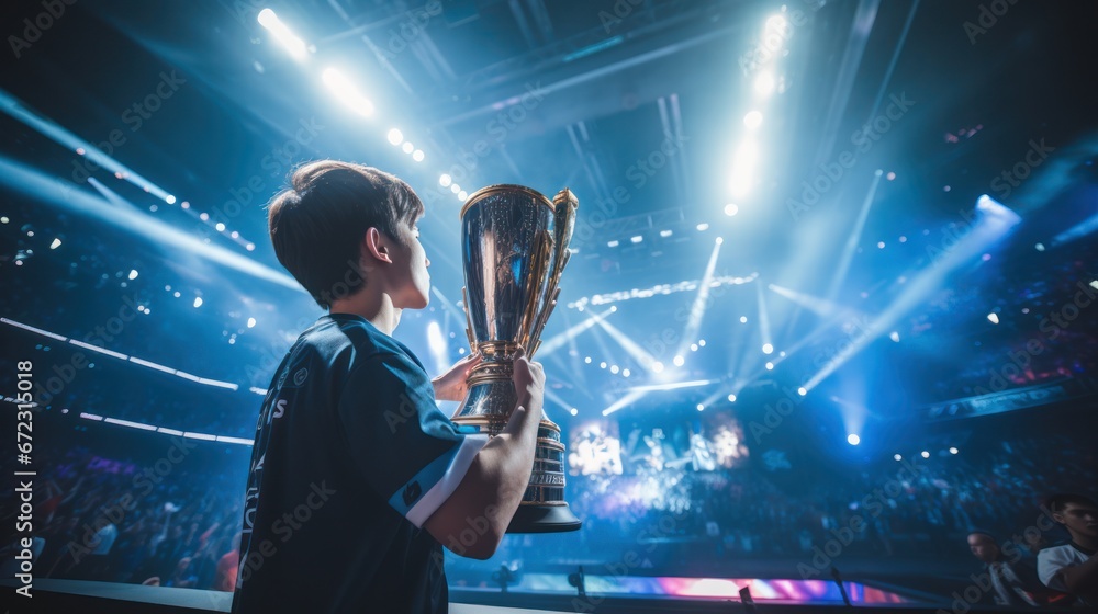 Professional gamer winner and lift the trophy for champions league, E ...