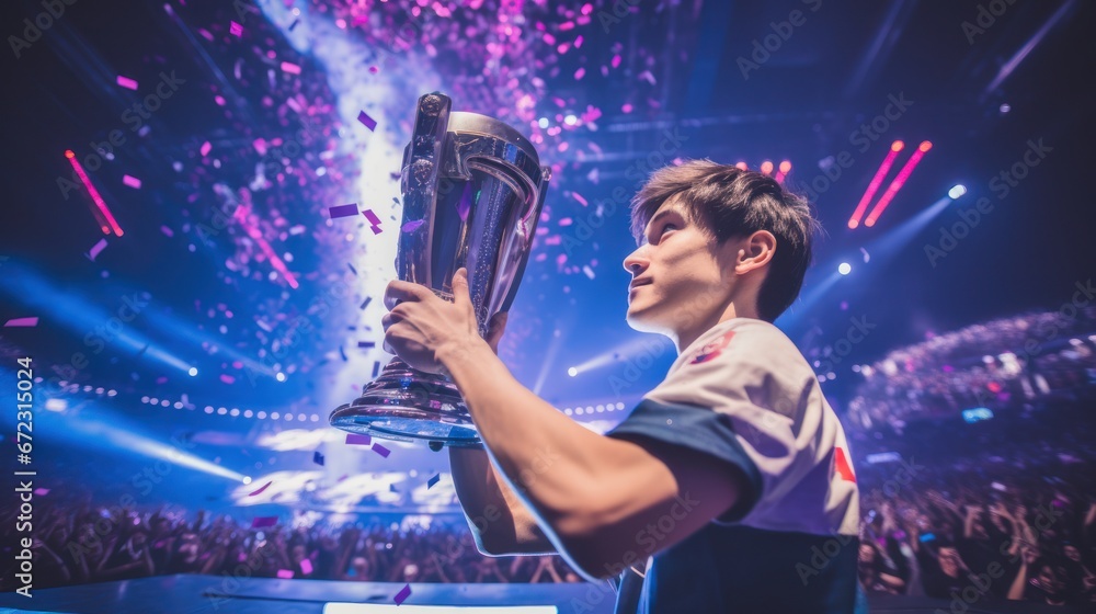 Professional gamer winner and lift the trophy for champions league, E ...