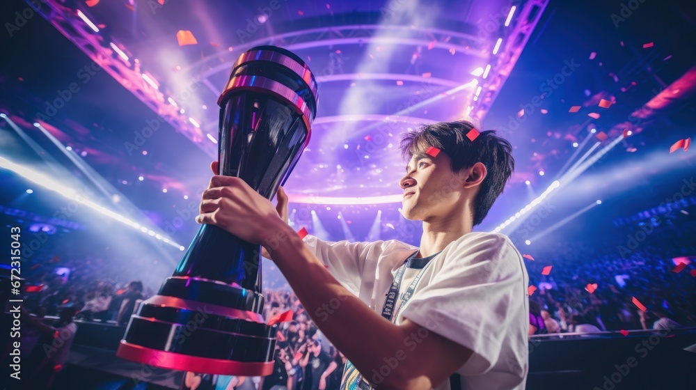 Professional gamer winner and lift the trophy for champions league, E ...