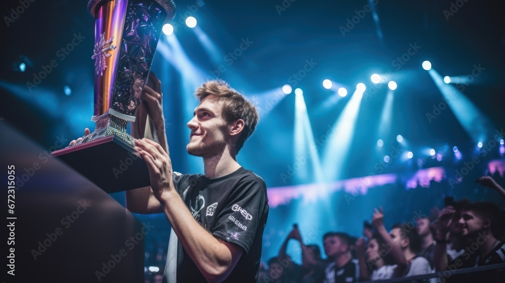 Professional gamer winner and lift the trophy for champions league, E ...