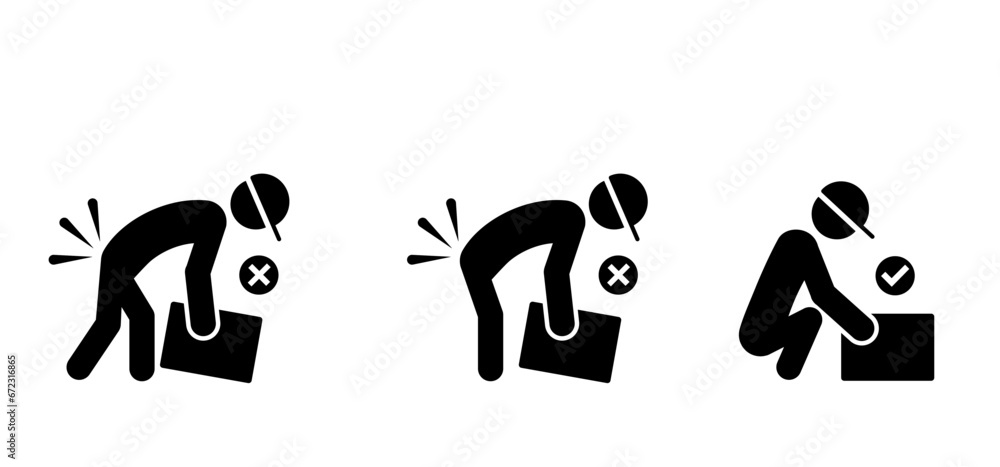 Correct object lifting icon. Stick figure person lifting heavy or ...