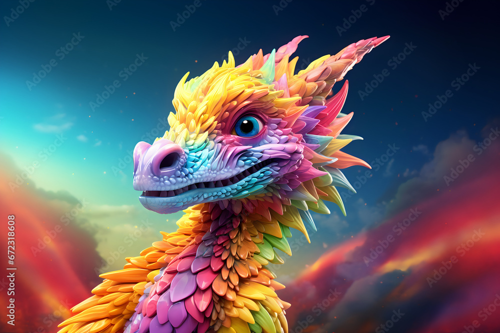 Head of Fantasy Dragon. Rainbow-colored dragon. Mythical creature ...