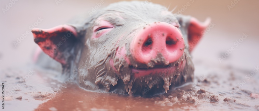 Happy as a pig in mud, pink piglet all smiles and joyful being as dirty ...