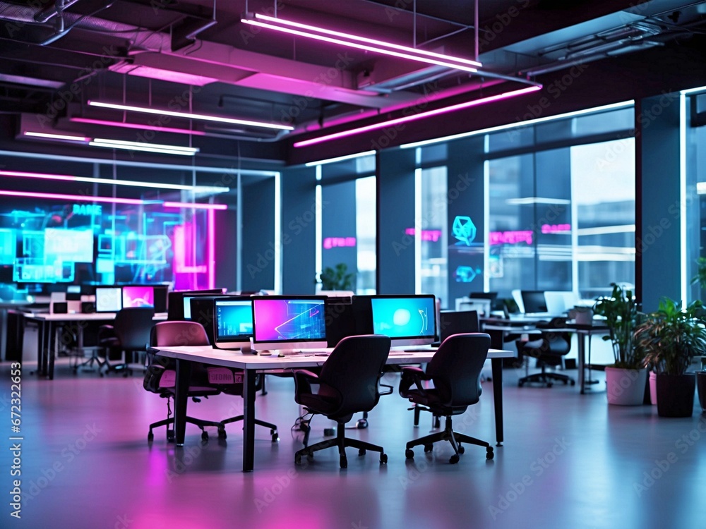 Workstations and IT integration in a futuristic office, corporate ...